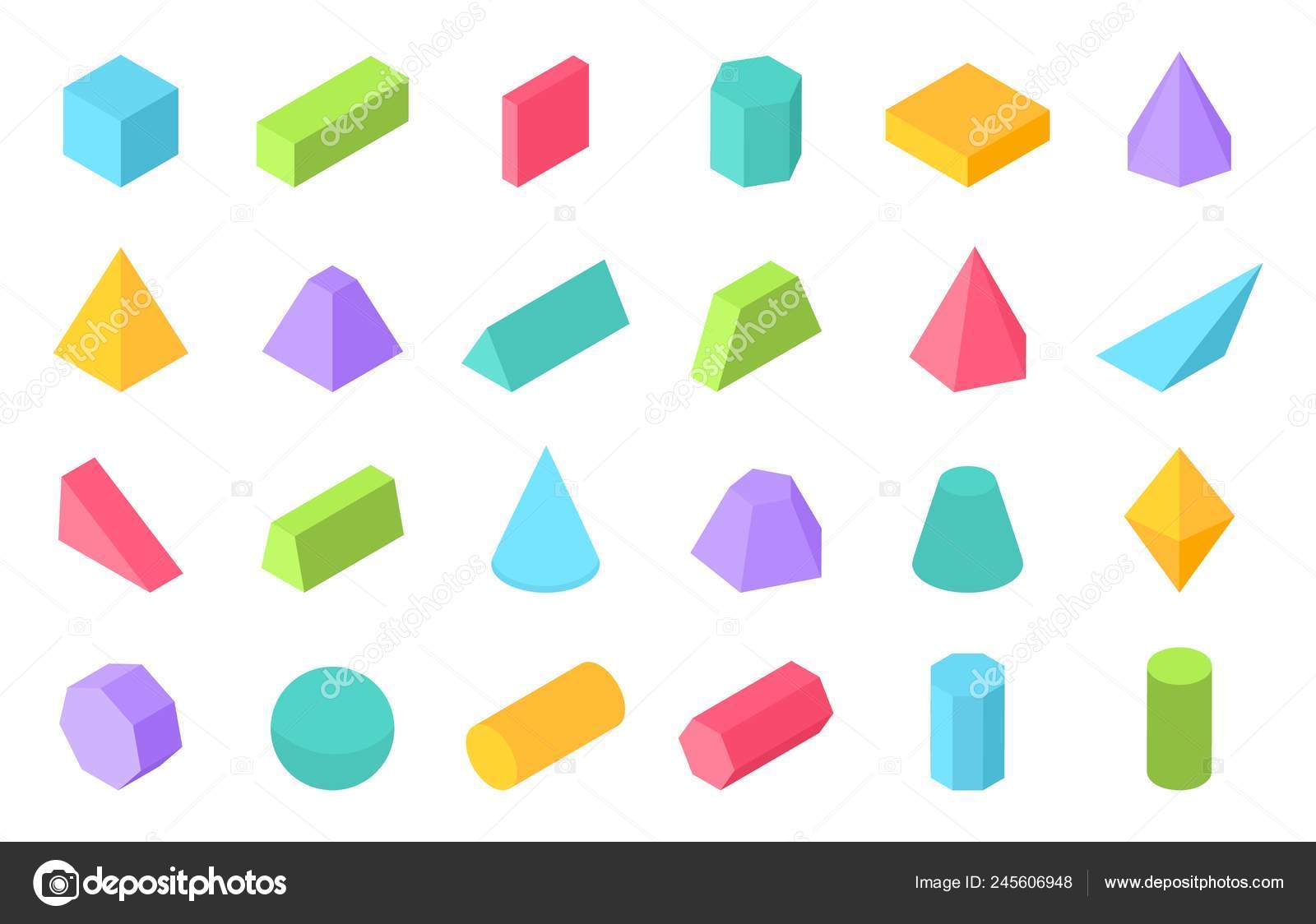 Isometric shapes. 3D geometric form, flat geometry polygon objects such ...