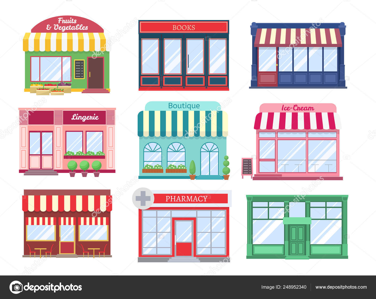 Shop flat buildings. Modern store facade cartoon boutique street ...