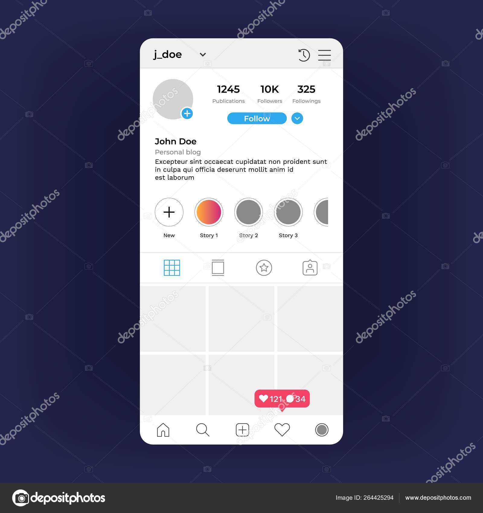 Insta profile Interface. Social media personal screen, mobile ...
