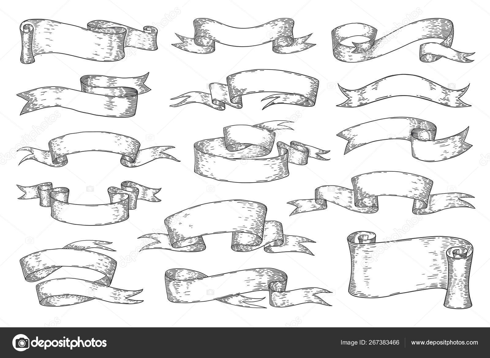 Hand drawn ribbons. Vintage sketch elements for posters logos invitation cards, retro heraldic ...