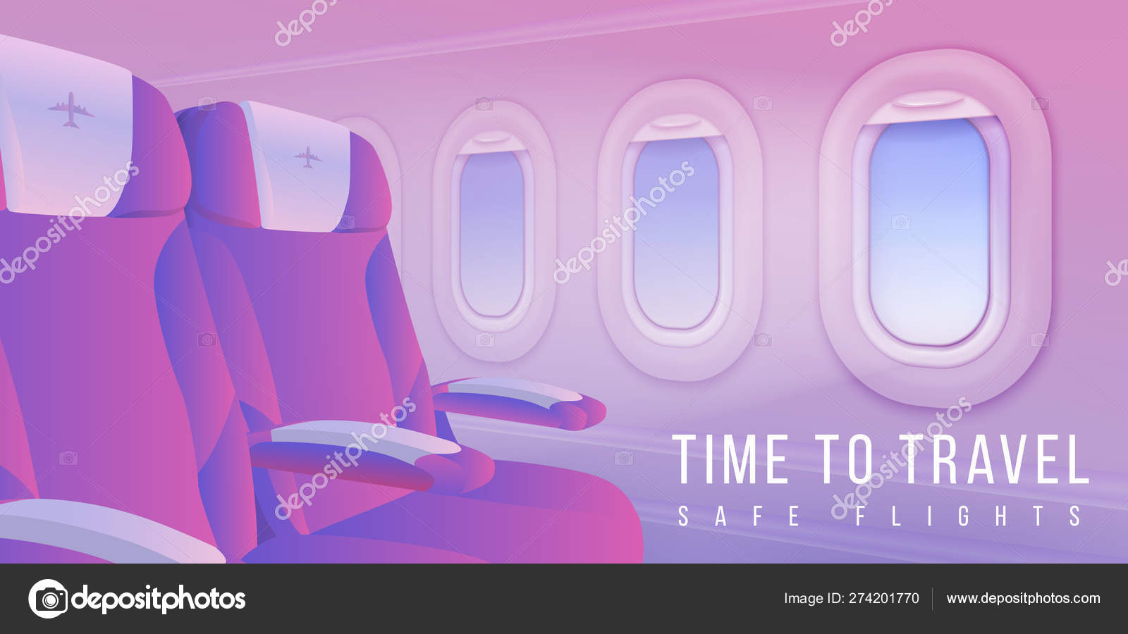 Airplane windows banner. Aircraft interior travel poster, summertime ...