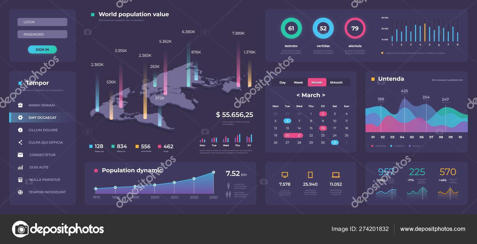 Infographic dashboard template. White modern web app UI with graphs round bars and charts ...