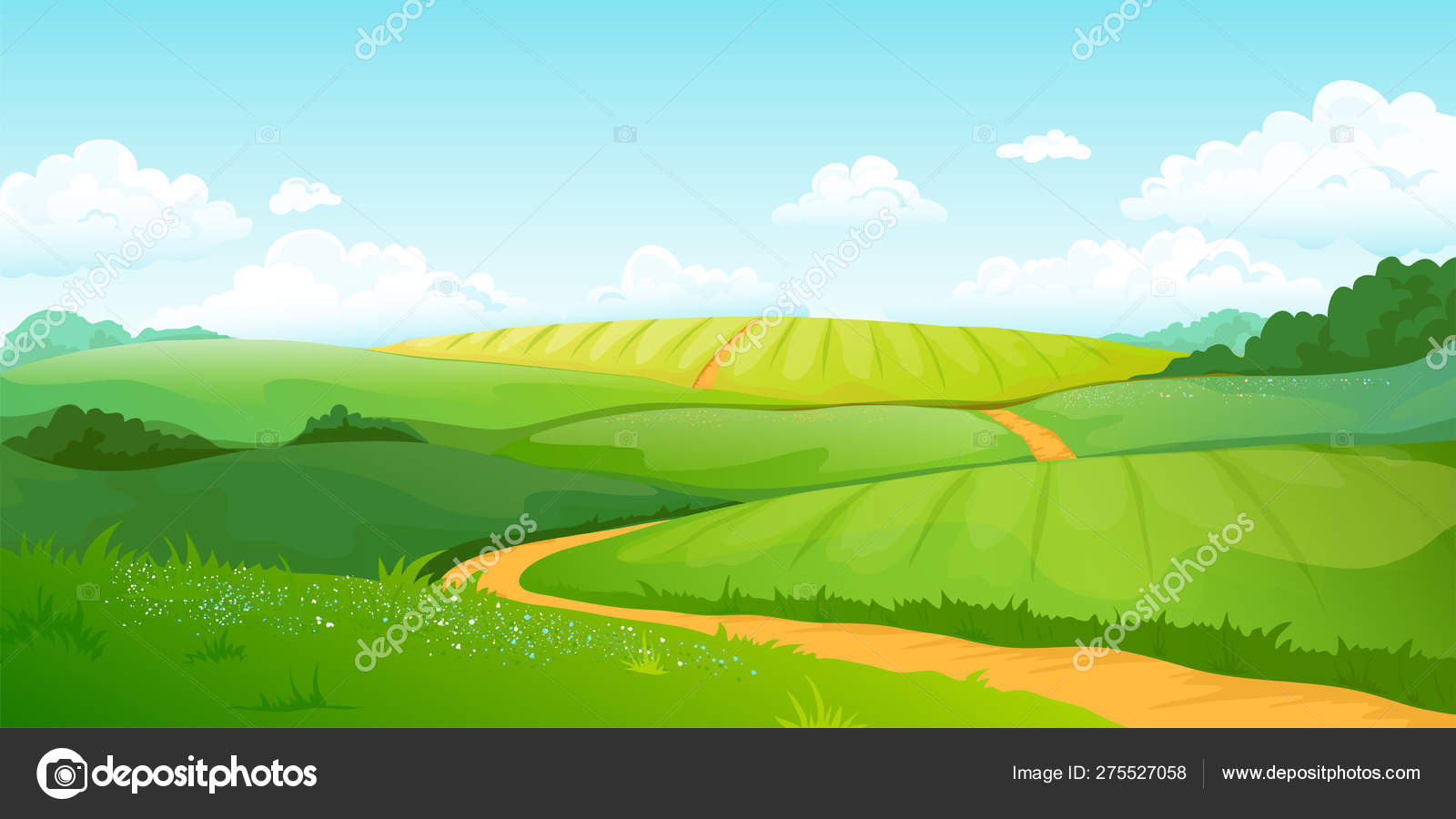 Summer fields landscape. Cartoon countryside valley with green hills ...