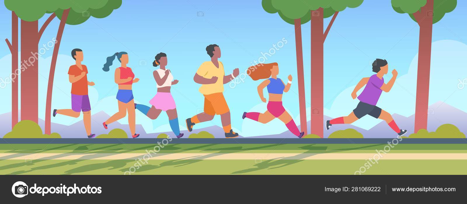 People 5K run. Men and women group running 5K distance, summer outdoor ...