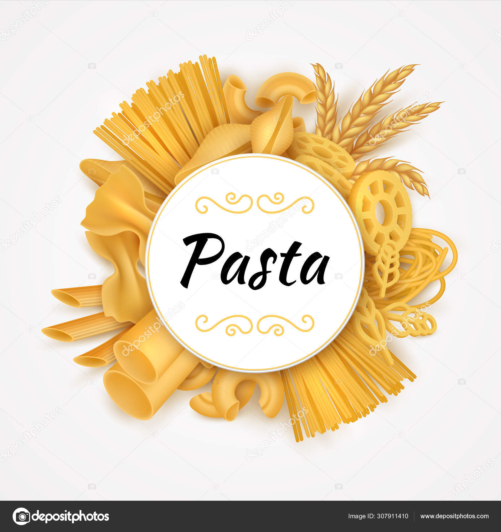 Pasta background. Realistic Italian cuisine dry macaroni types, raw ...