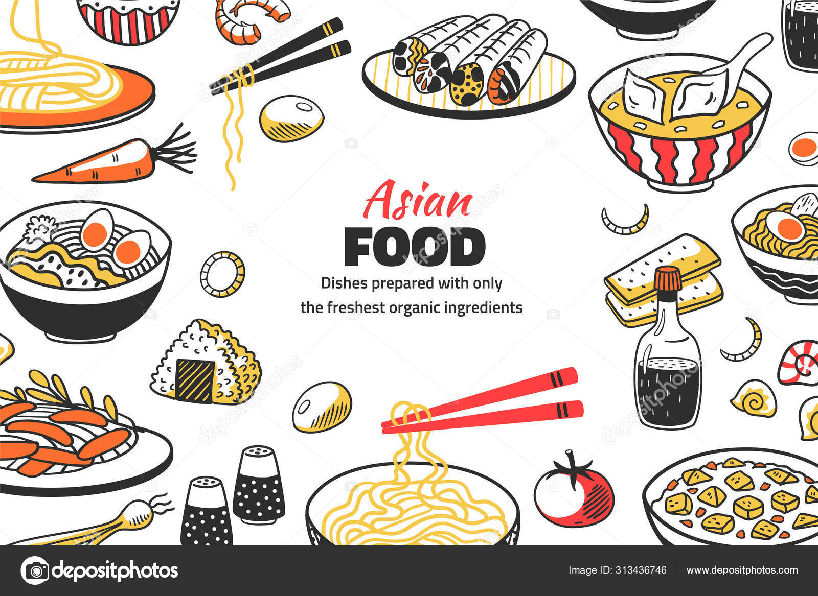 Doodle Asian food background. Chinese cuisine sketch with rice noodles ...