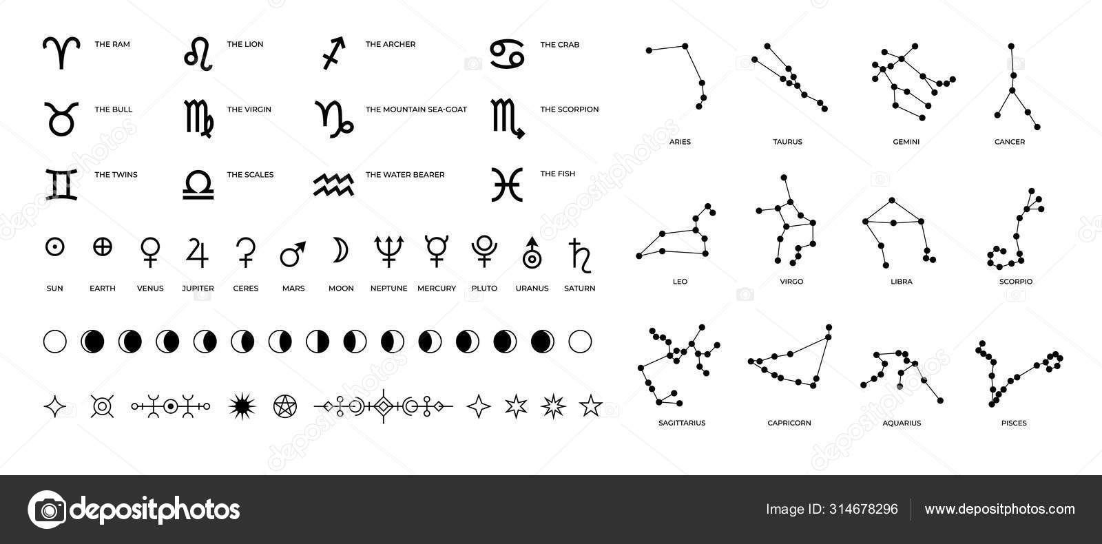 Signos y constelaciones del zodíaco. Astrología ritual y símbolos de horóscopo con estrellas ...