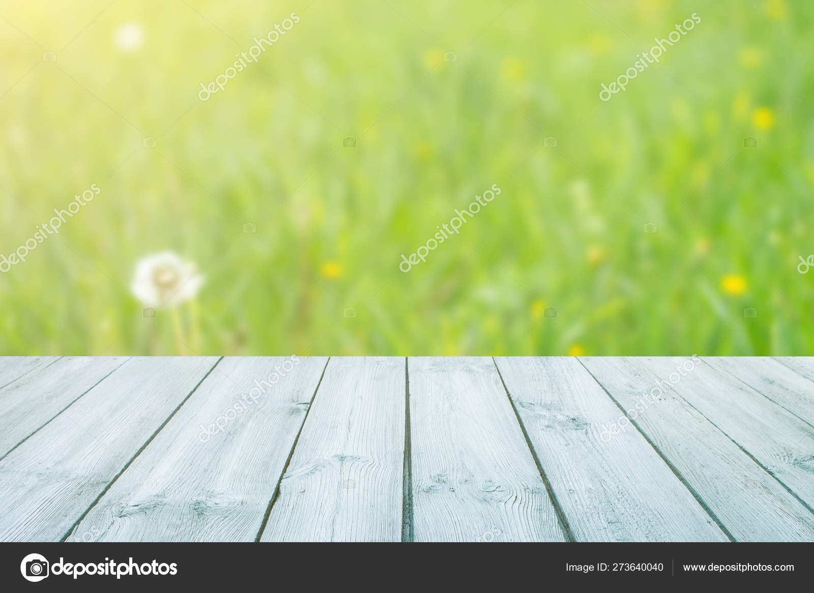 Empty blue wooden table with blurred city park on background. concept ...