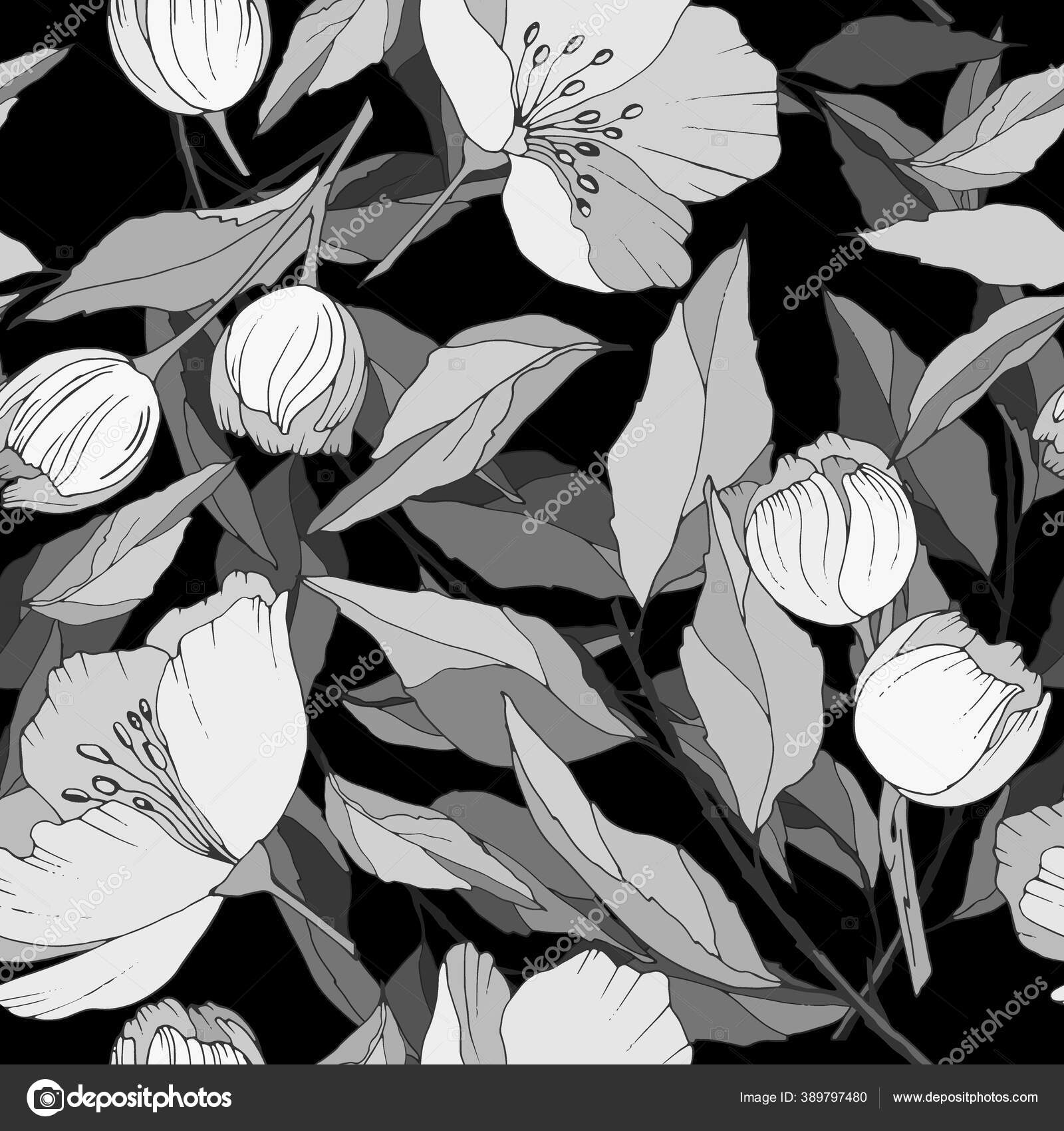 Seamless Pattern Flowers Sakura Gray Colors Ornament Wallpaper Fabric ...