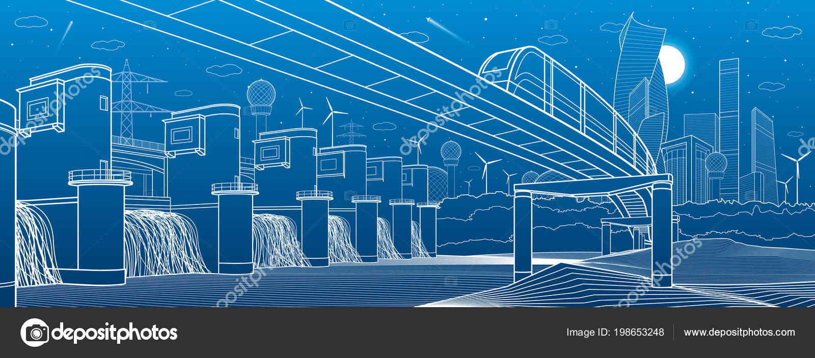 Urban Infrastructure Transport Illustration Monorail Bridge Mountains ...