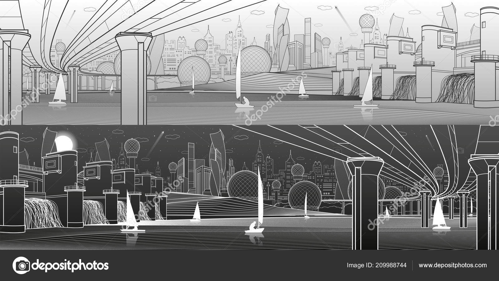 City Infrastructure Industrial Energy Illustration Panorama Hydro Power ...