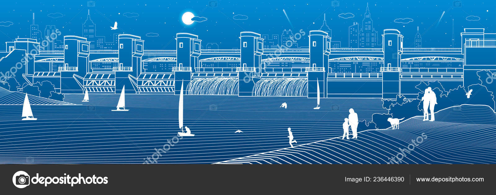 Hydro Power Plant River Dam Energy Station Water Power People ⬇ Vector ...