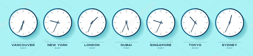 Hora mundial. Iconos de reloj simple en estilo plano. Vancouver, Nueva ...