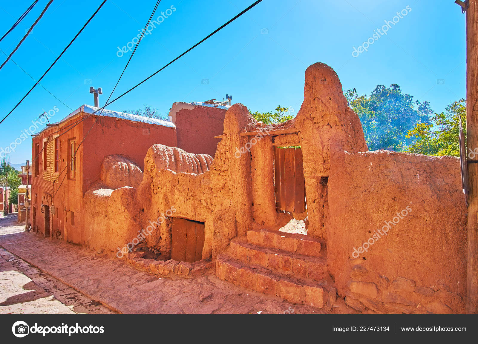 Medieval Reddish Mud Fence Shabby Wooden Doors Street Mountain Abyaneh ...