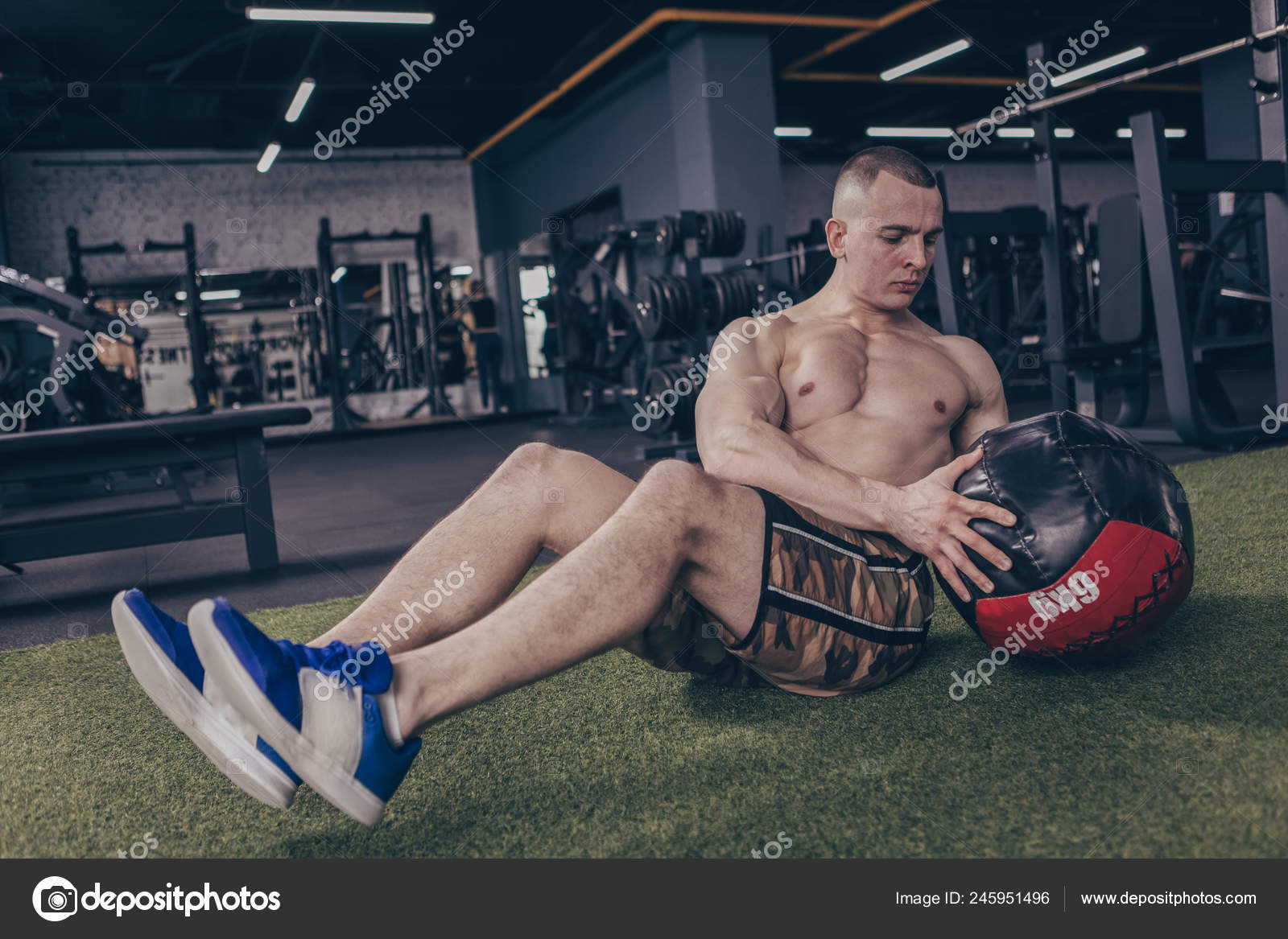 Full Length Shot Shirtless Ripped Crossfit Male Athlete Working Out ...