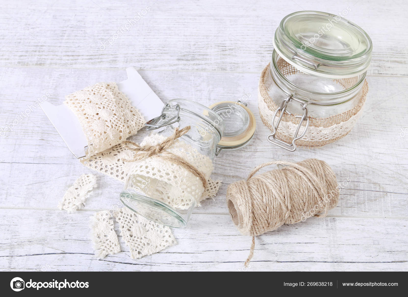 How to make glass jar decorated with lace and string — Stock Photo ...