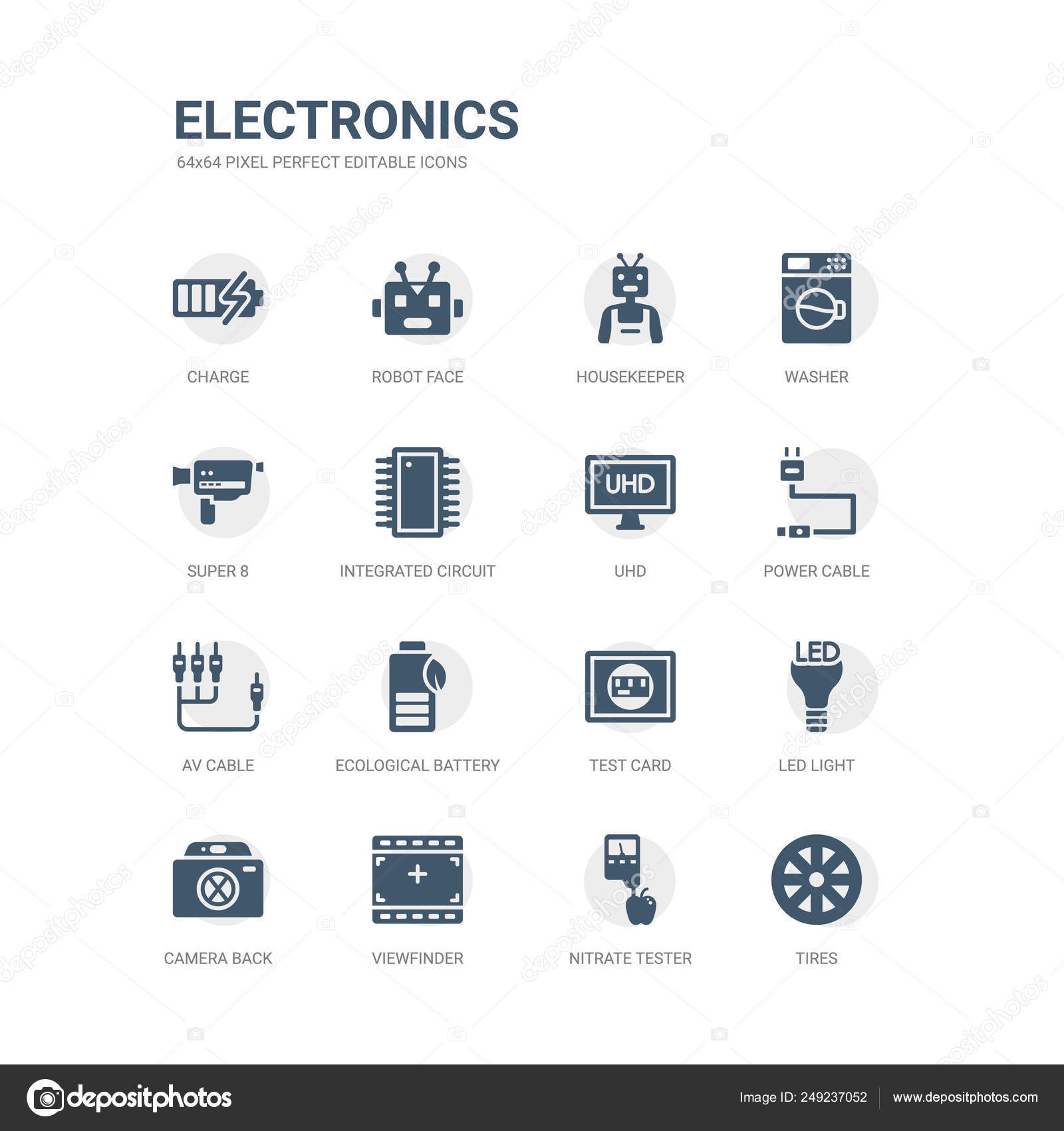 Simple set of icons such as tires, nitrate tester, viewfinder, camera ...