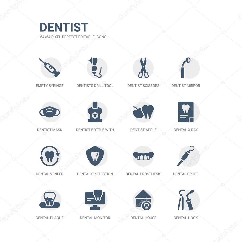 conjunto simple de iconos como gancho dental, casa dental, monitor ...