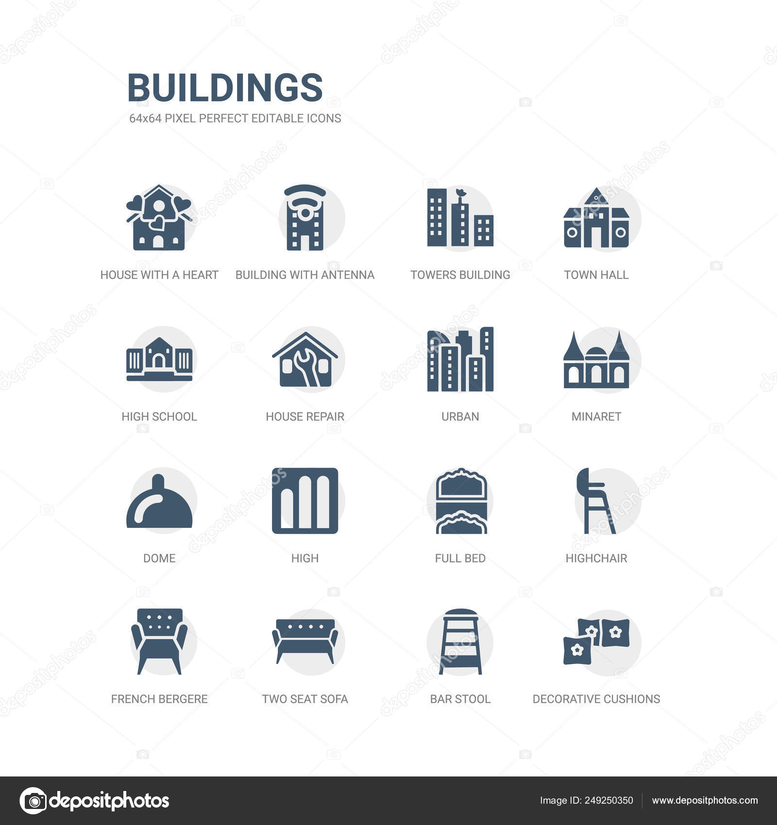 Conjunto simple de iconos como cojines decorativos, taburete de bar, sofá de dos asientos ...