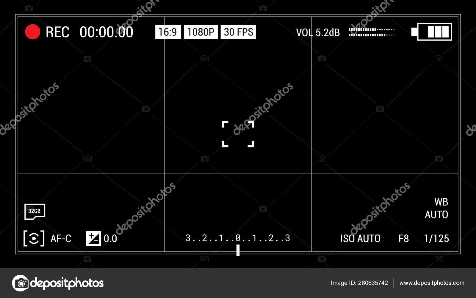 Camera viewfinder black background. Widescreen illustration. UI ...