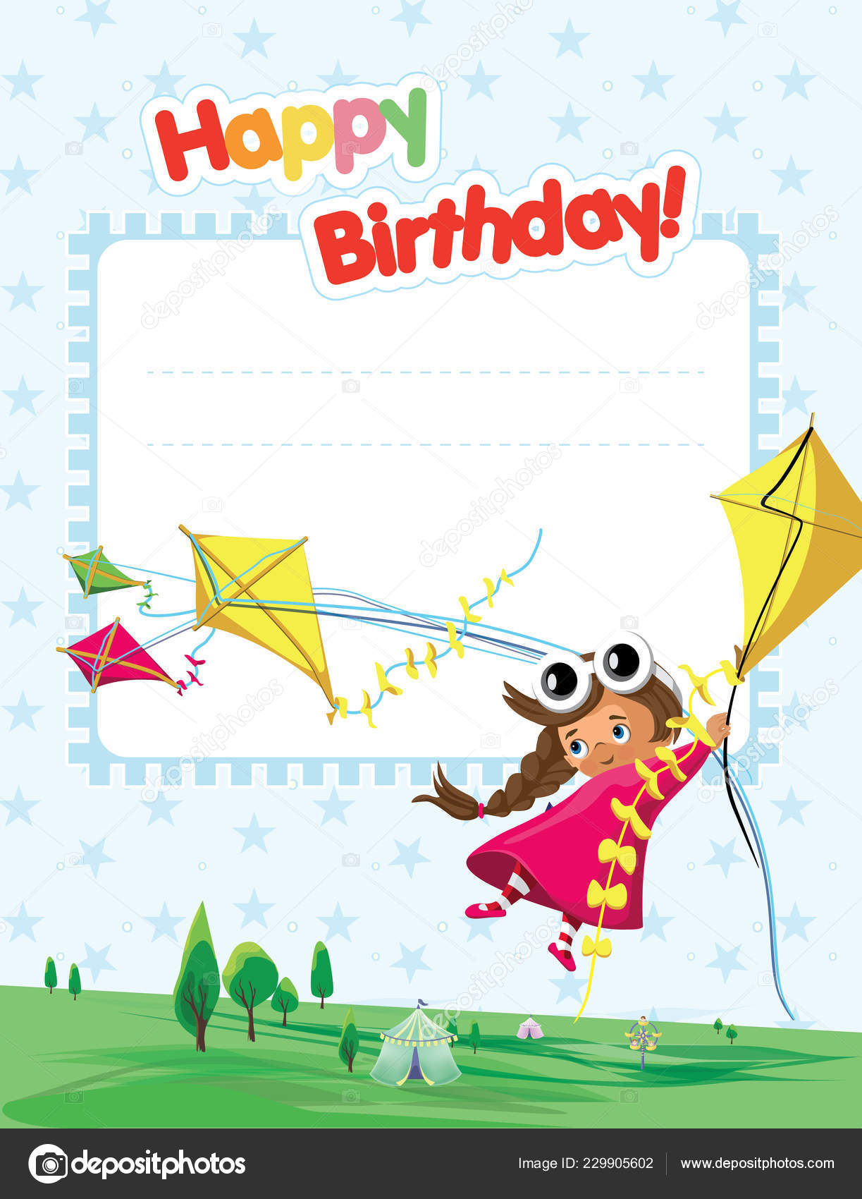 Happy Birthday Greeting Card Template Cute Little Girl Kites Vector ...
