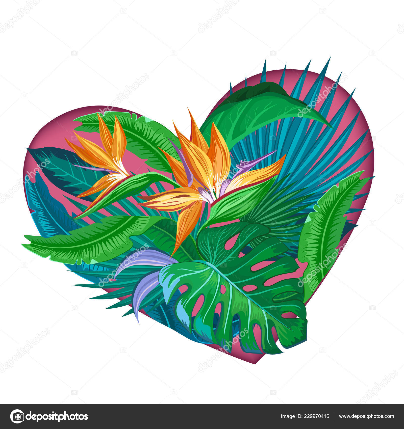 Tropical Bright Flowers Leaves Shape Heart Stock Vector by ©Marina ...