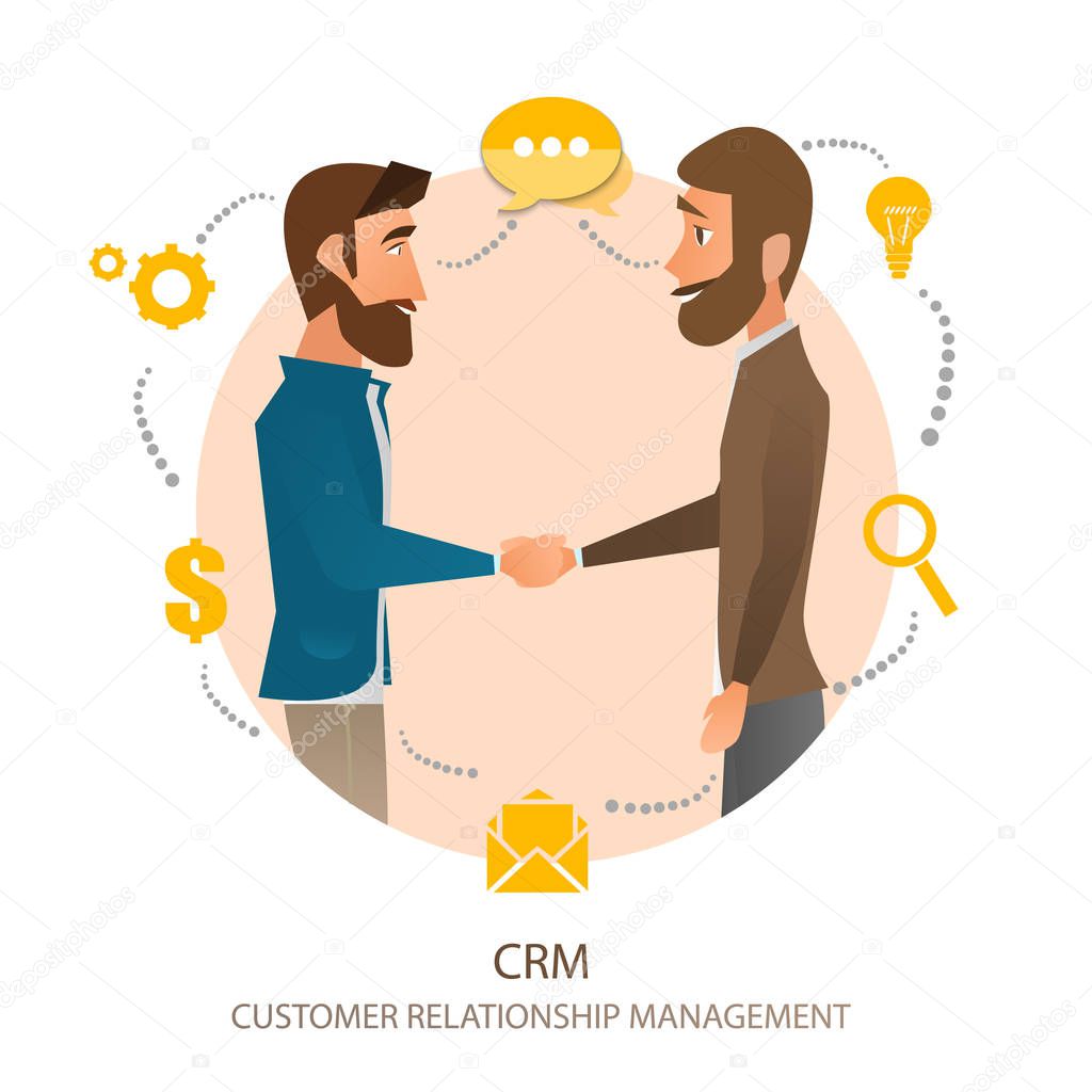 CRM: Gestión de relaciones con el cliente. Iconos planos del sistema ...