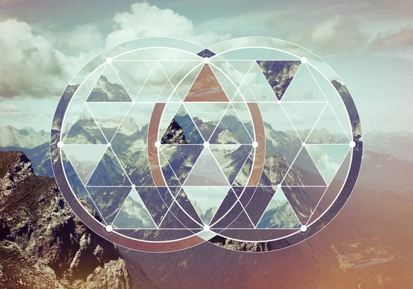 Geometric collage with the image of the mountain landscape. Abstract ...