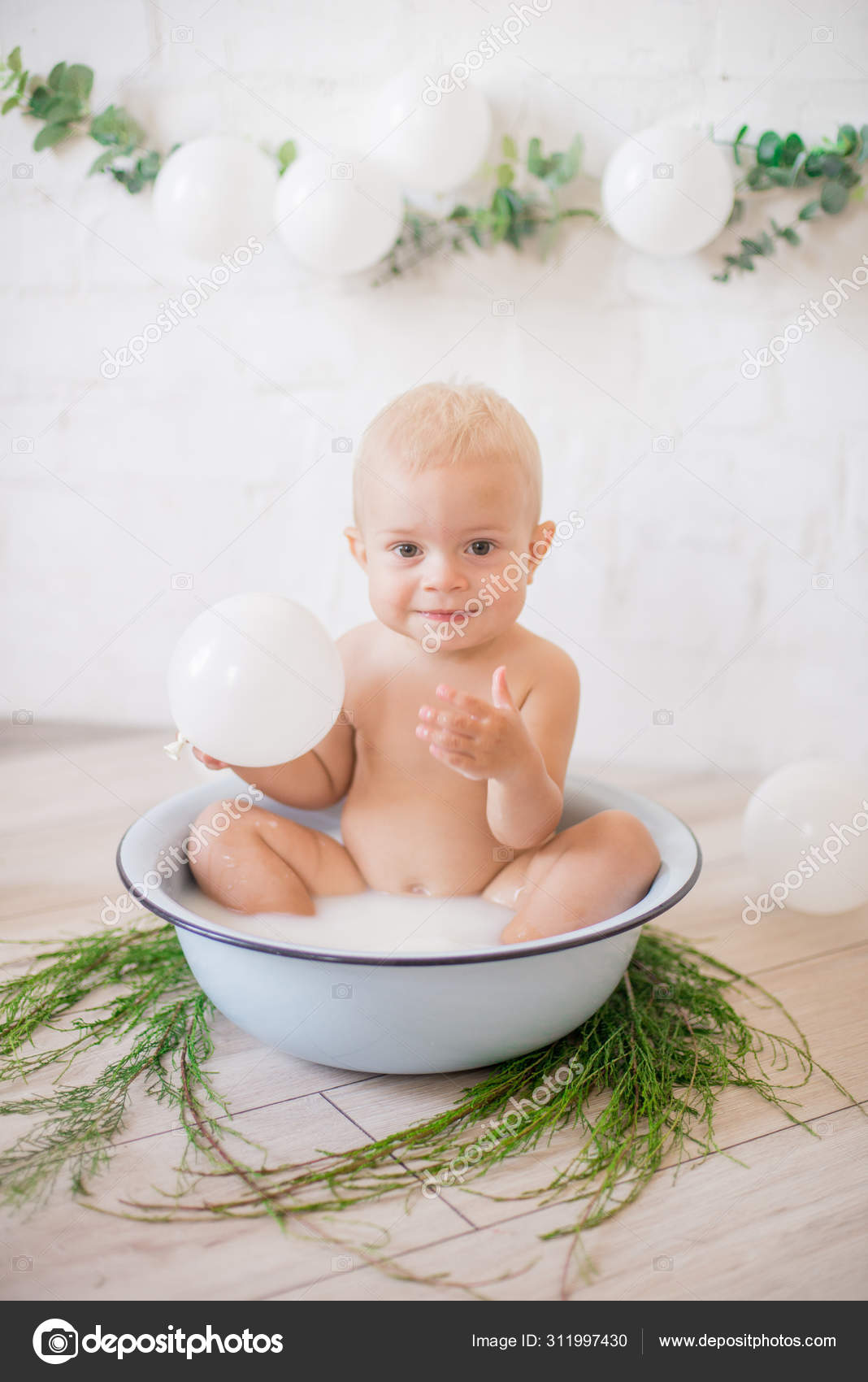 Cute Little Boy Splashing Basin Soapy Water Soap Bubbles Healthy Stock ...