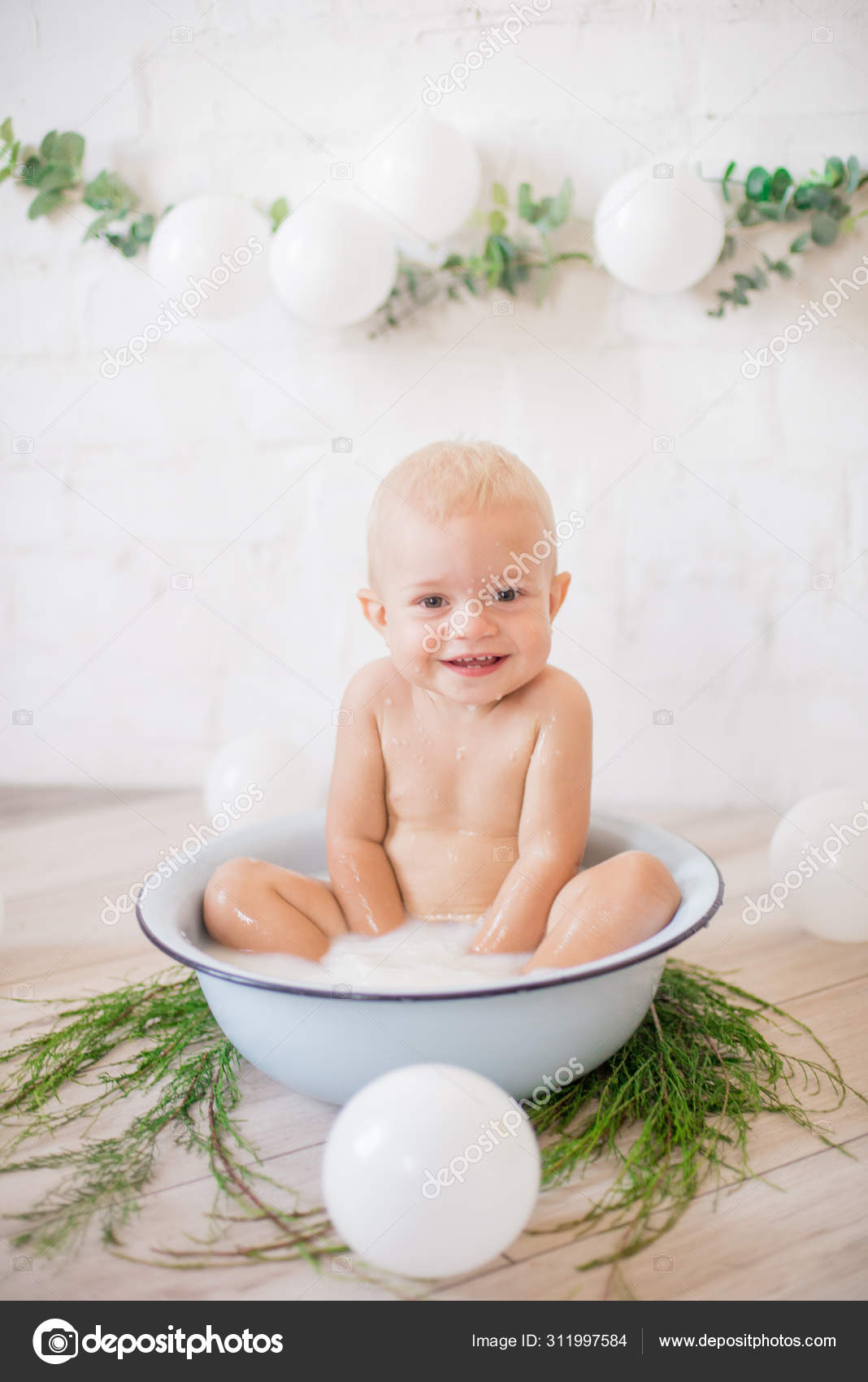 Cute Little Boy Splashing Basin Soapy Water Soap Bubbles Healthy Stock ...