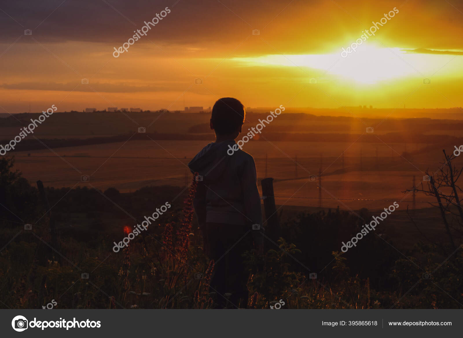 Little Boy Stands Sunset Ray Setting Sun Breaks Clouds — Stock Photo ...