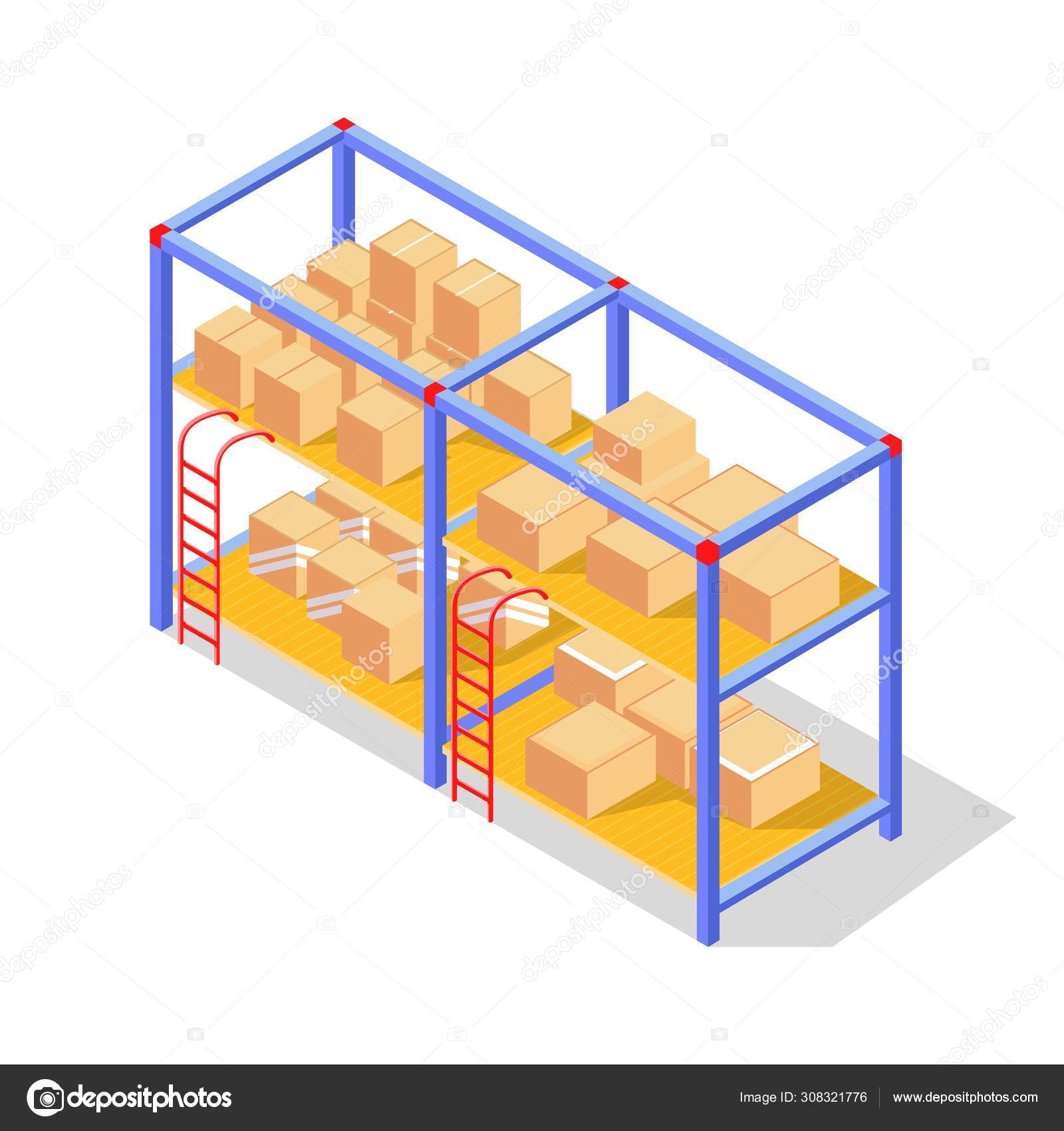 Goods, products in cardboard boxes or wooden crates storing on racks of ...