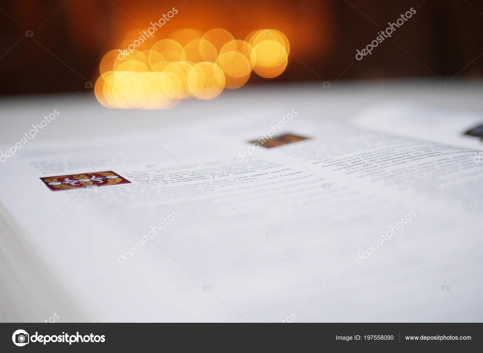 Open Book Text Blurred Lights Background Selective Focus Close Stock ...