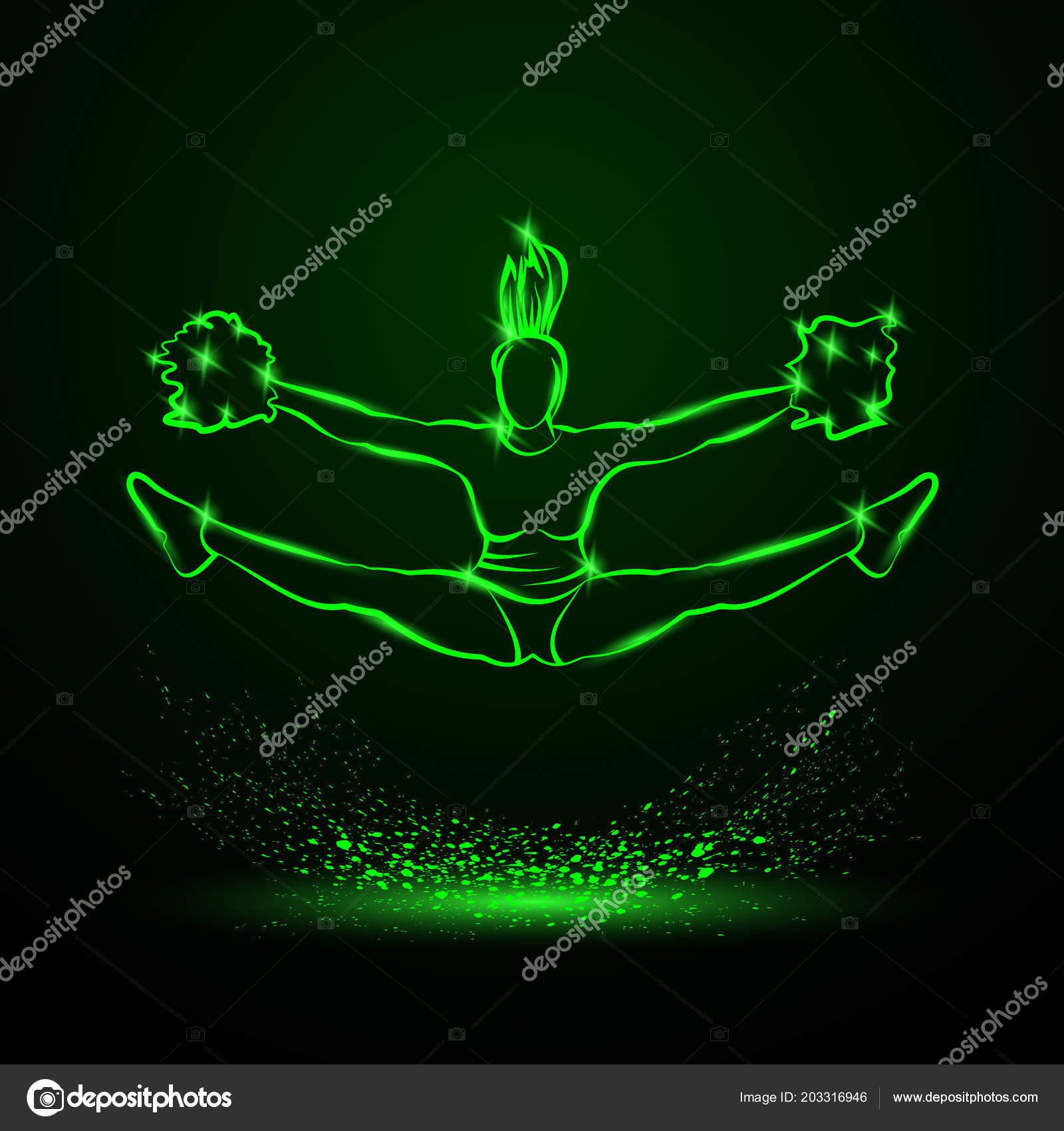Cheerleader jumps and doing splits with pom poms. Green neon ...