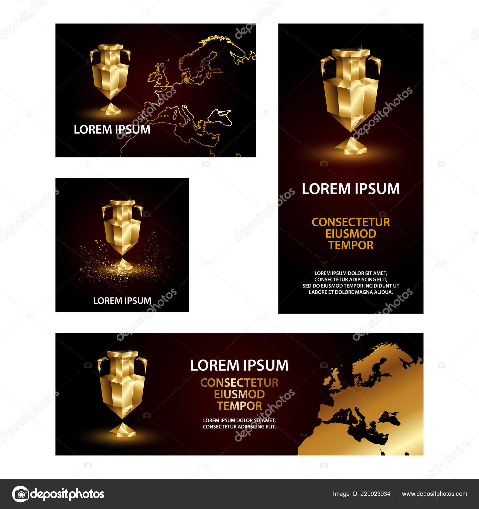 Golden Low Poly Sports Euro Cup Banners set. Abstract Polygonal 3D ...