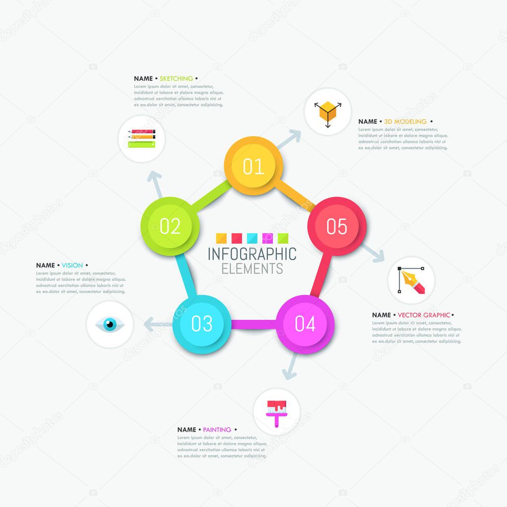 Diagrama pentagonal con elementos coloridos, flechas, iconos y cuadros ...