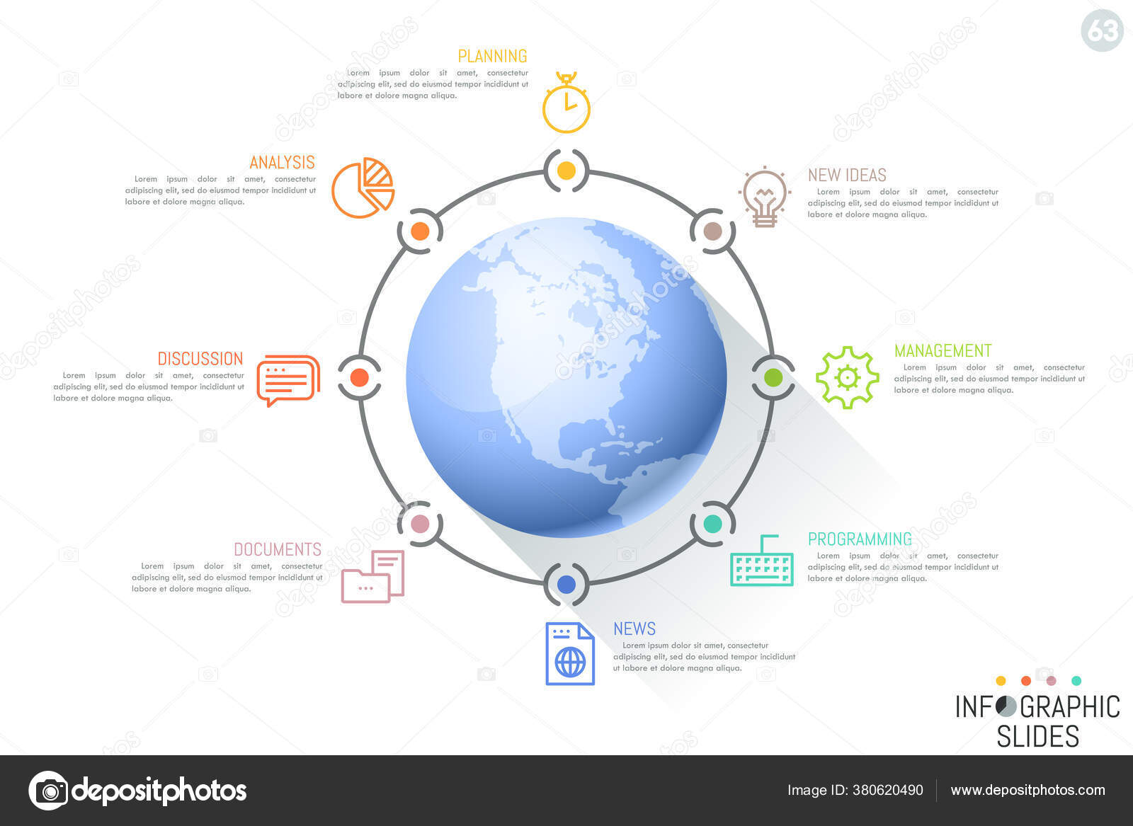Eight pictograms and text boxes located around globe. Minimal ...