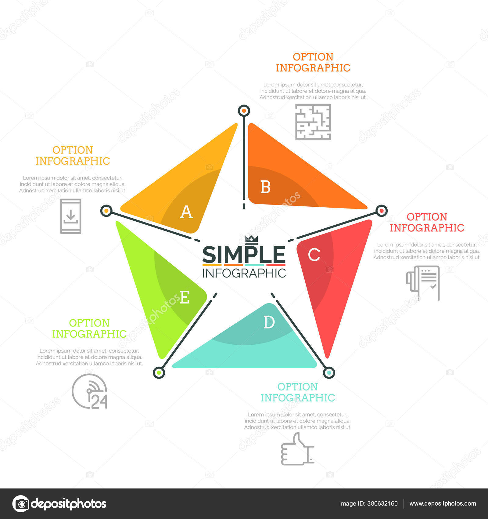 Pentagonal diagram divided into 5 bright colored lettered parts, thin ...
