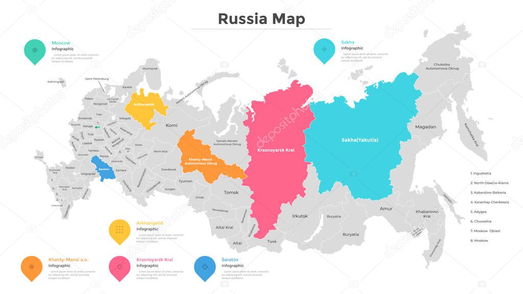 Rusia mapa dividido en temas o regiones federales. División geográfica ...