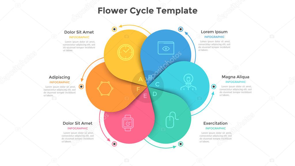 Diagrama de flores redondas con 6 pétalos de colores. Concepto de seis ...