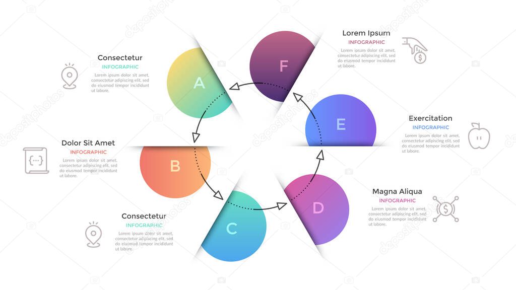 Gráfico cíclico con 6 elementos de color gradiente circular y ranuras ...