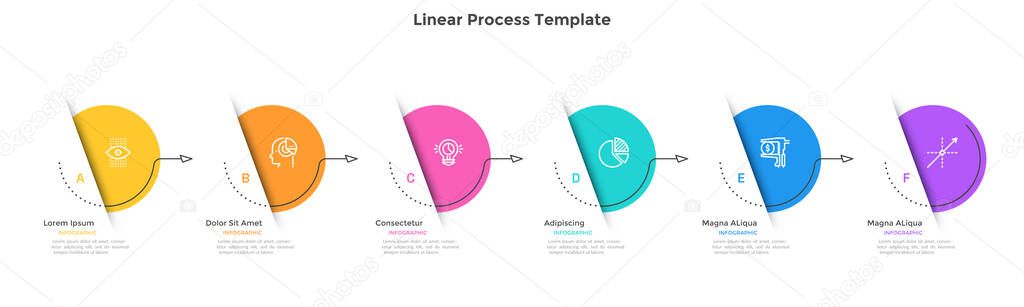 Diagrama de flujo horizontal con 6 elementos redondos conectados por ...