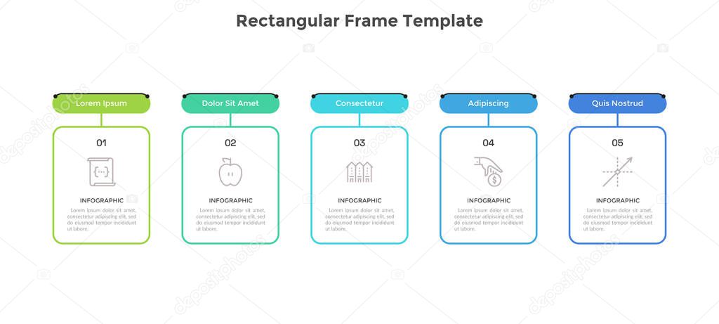 Diagrama horizontal moderno con 5 marcos rectangulares o tarjetas ...