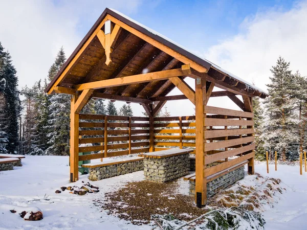 Post and beam picnic shelter. Mount Eliaszowka, Beskid Sadecki, Poland ...