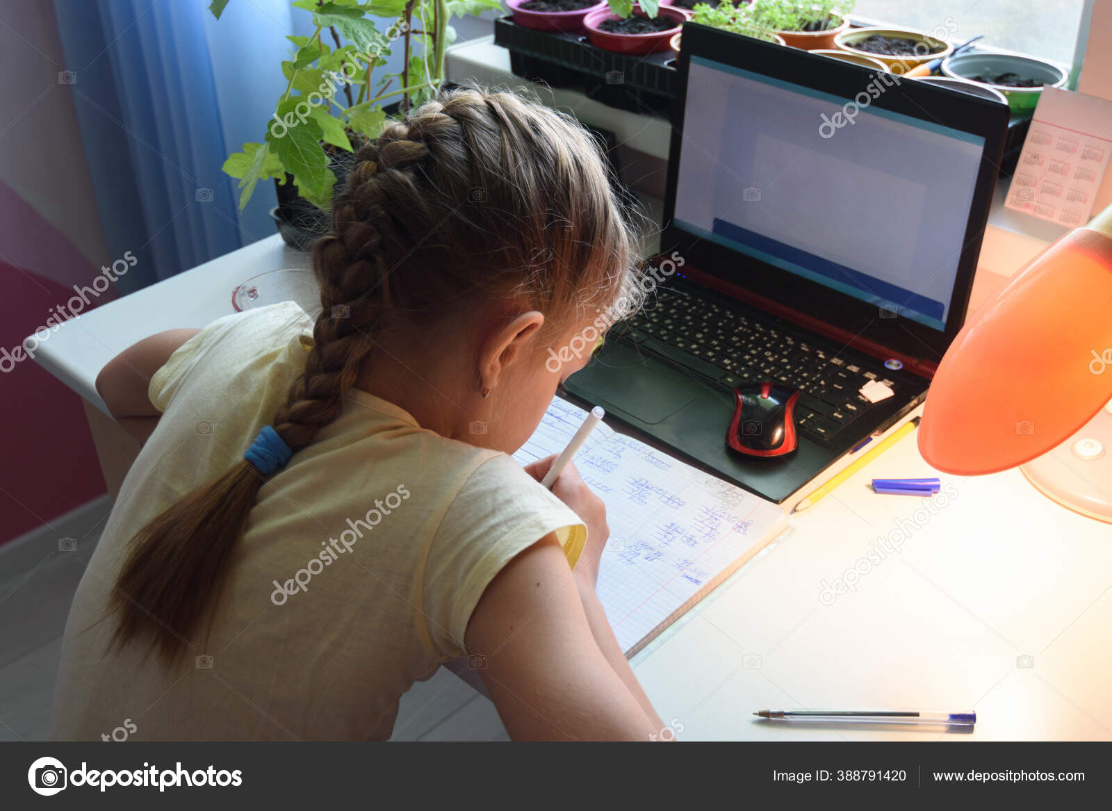 Girl Solves Math Examples Notebook Front Laptop Stock Photo by ...