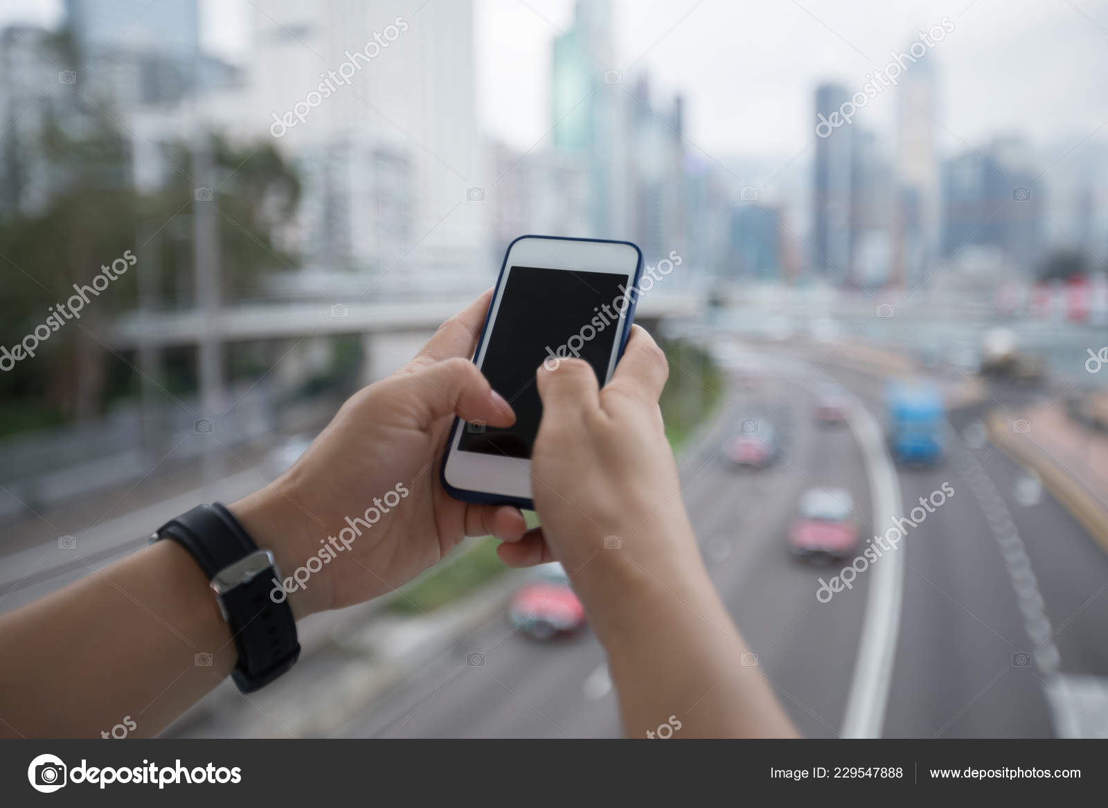 Hands Using Mobile Phone Blurred Cityscape Background Stock Photo by ...