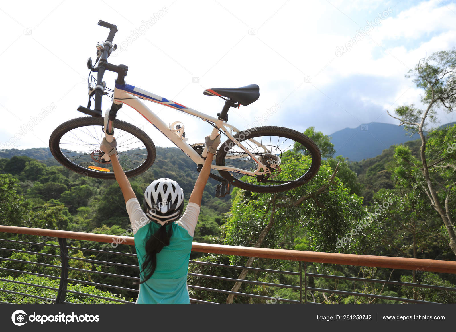 Cheering Woman Cyclist Raising Arms Lifting Mountain Bike Spring Forest ...