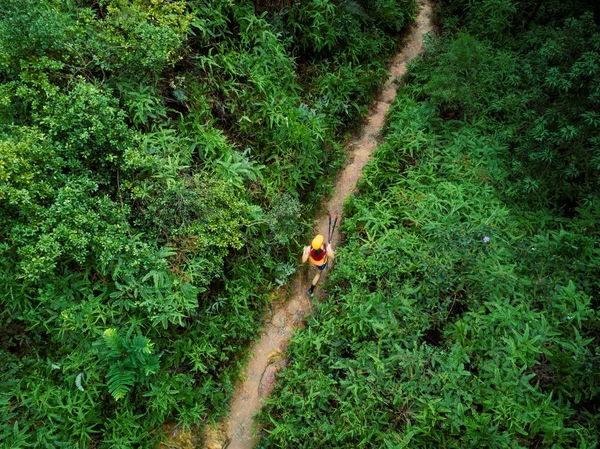 Aerial view of woman ultra marathon runner running on tropical ...