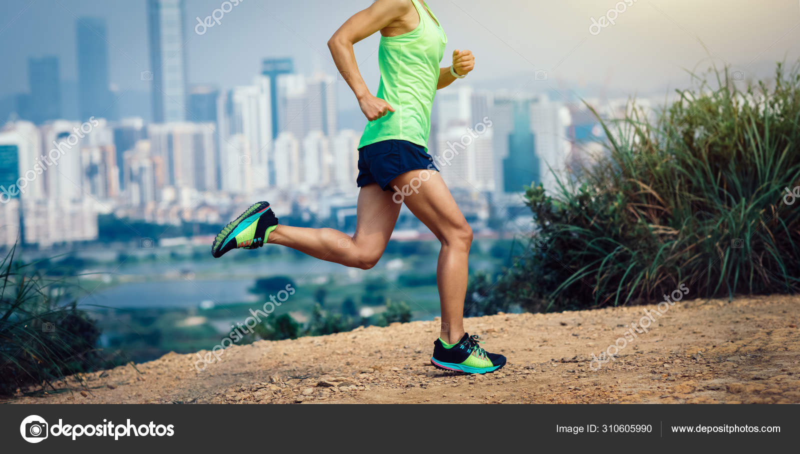 Female Ultramarathon Runner Running Mountains Next Modern City Stock ...