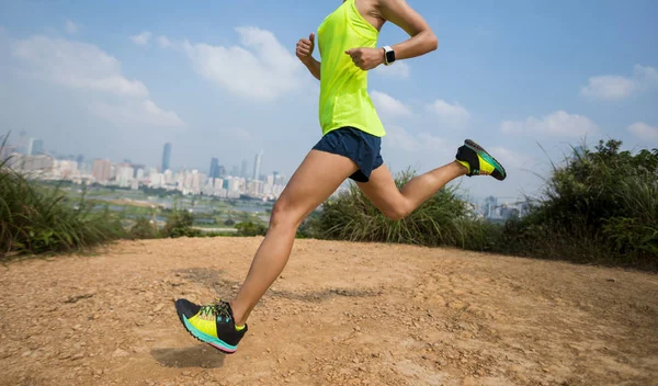 Female Ultramarathon Runner Running Mountains Next Modern City Stock ...